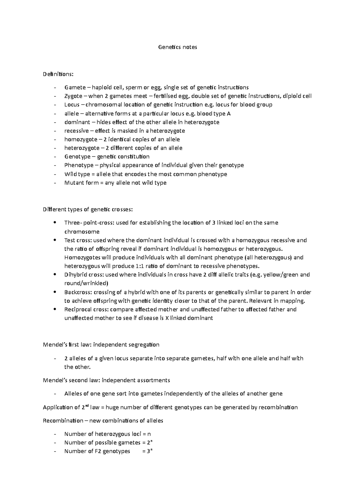 Genetics notes - Definitions and categories for exam essay - Genetics ...