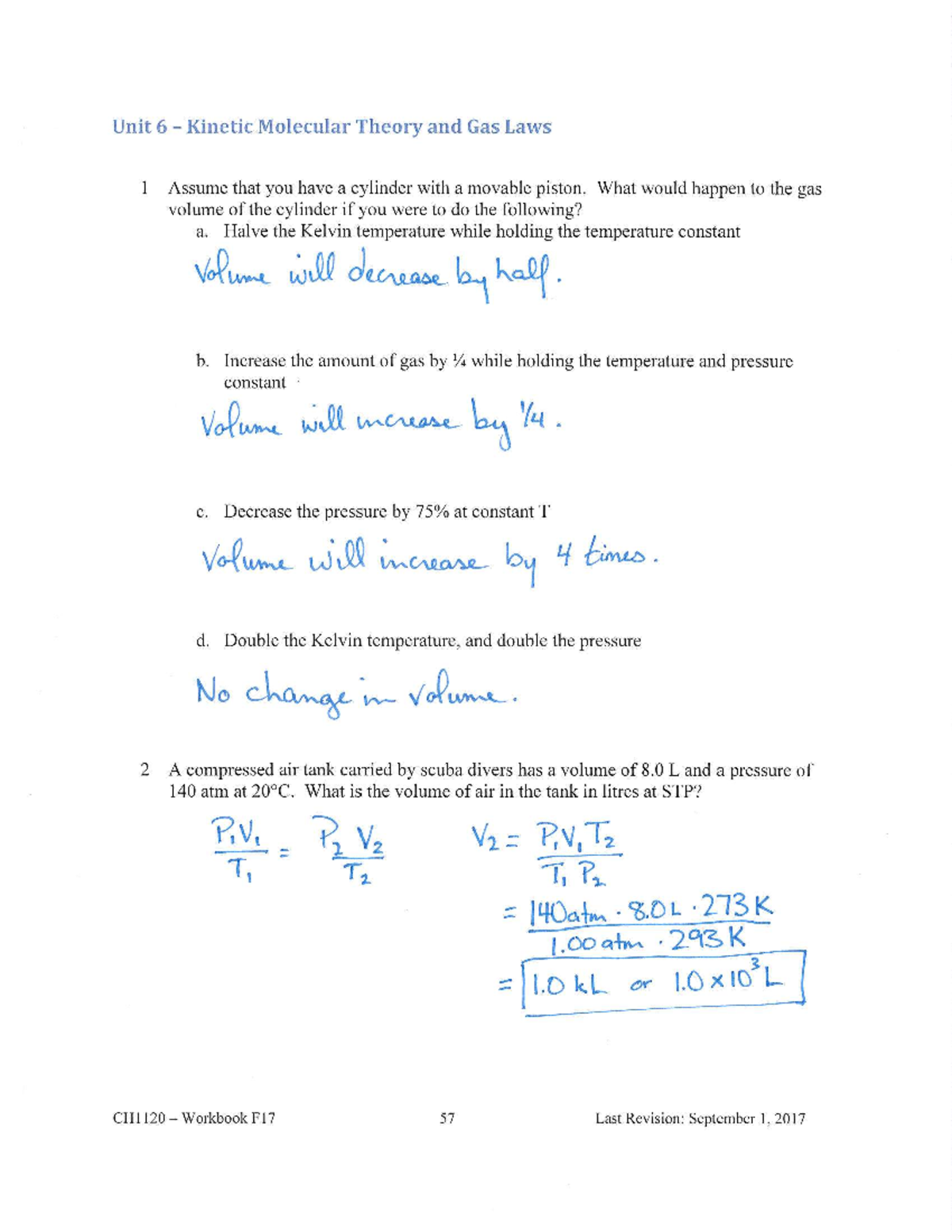 Workbook - Unit 6 - Kinetic Molecular Theory and Gas Laws Answer Key ...