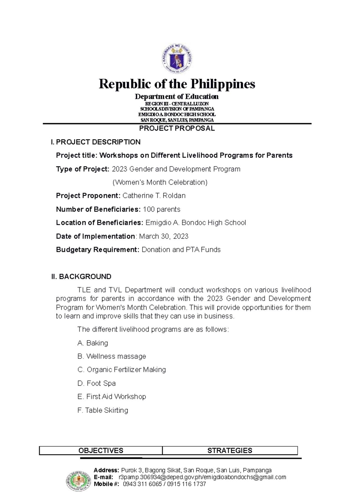 Project Proposal Livelihoof Seminar FOR Parents - Address: Purok 3 ...