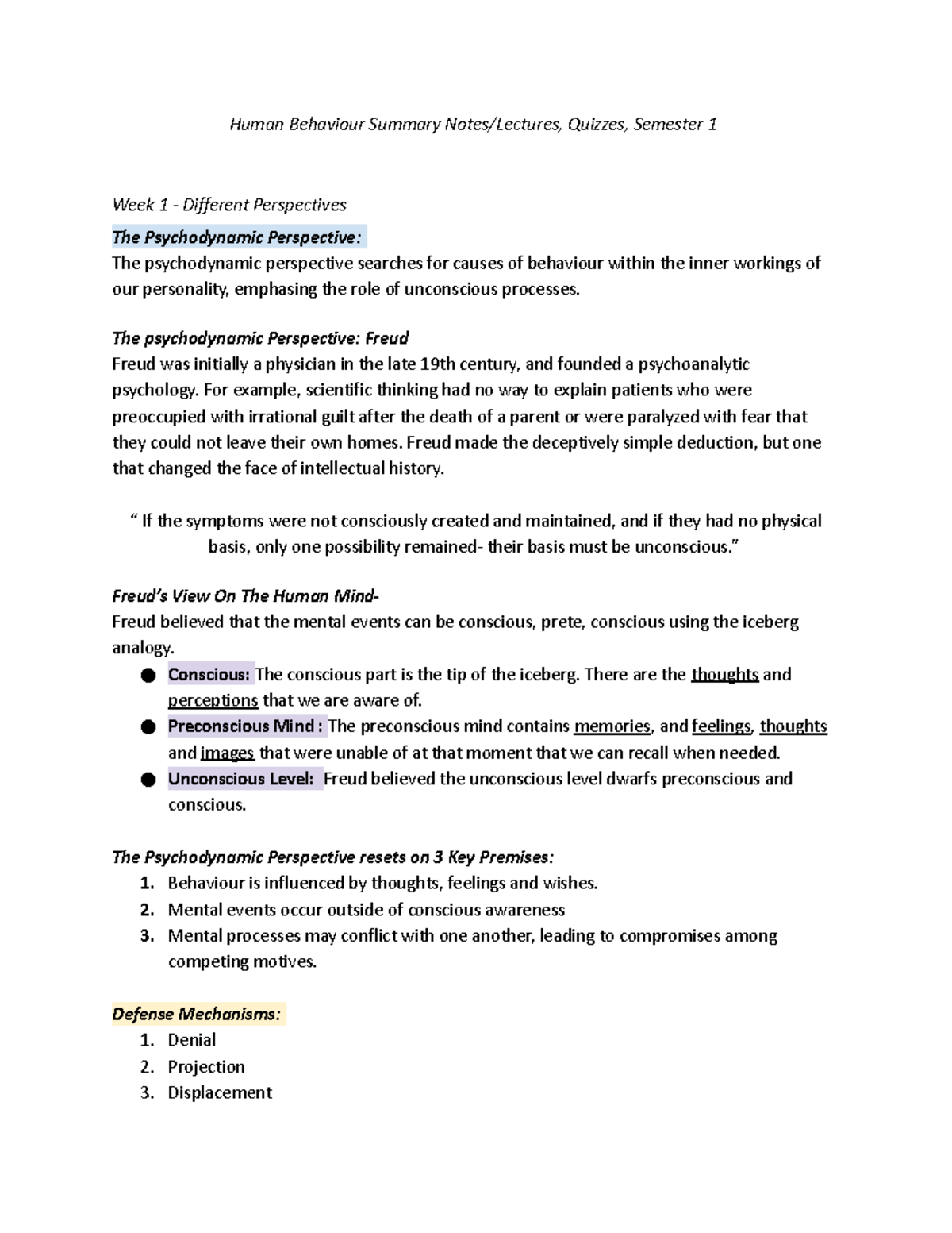 Human Behaviour Summary Notes Lectures Quizzes Semester 1 The