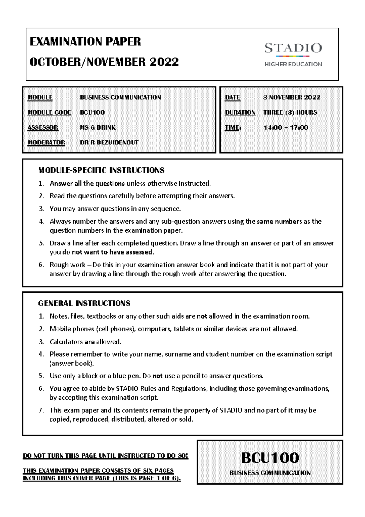 BCU100 EXAM Paper 2022 02 - GENERAL INSTRUCTIONS 1. Notes, files ...