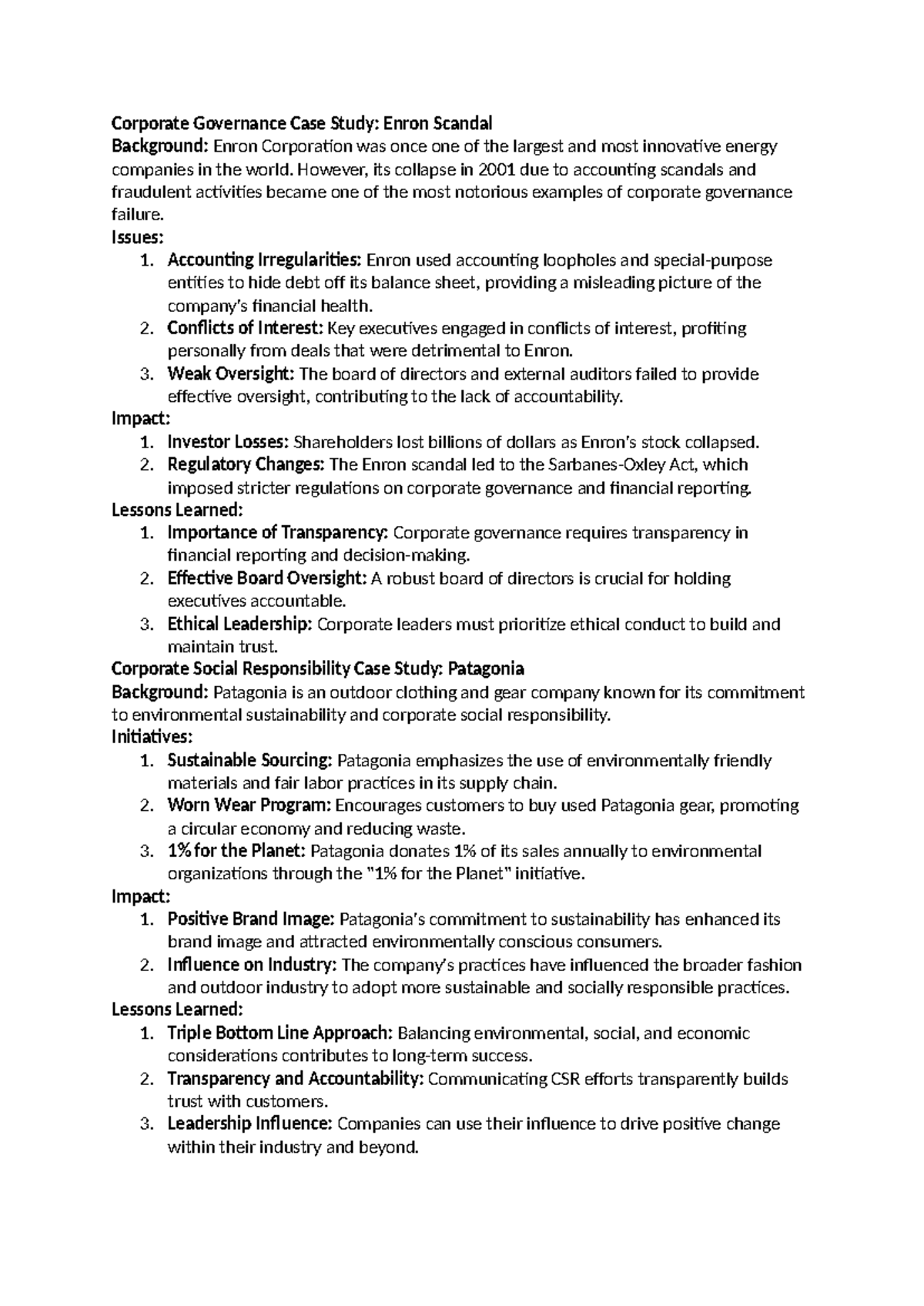 Corporate Governance Case Study - However, its collapse in 2001 due to ...