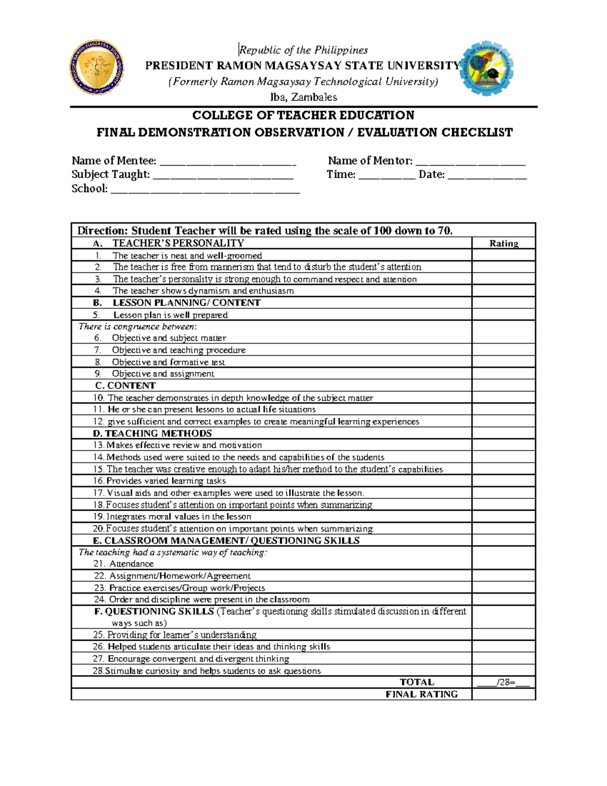 Rubrics final-demo - Republic of the Philippines PRESIDENT RAMON ...