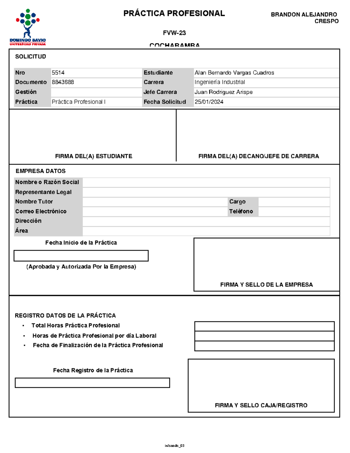 Formulario practica profesional - Vargas Cuadros Alan Bernardo - Nro ...