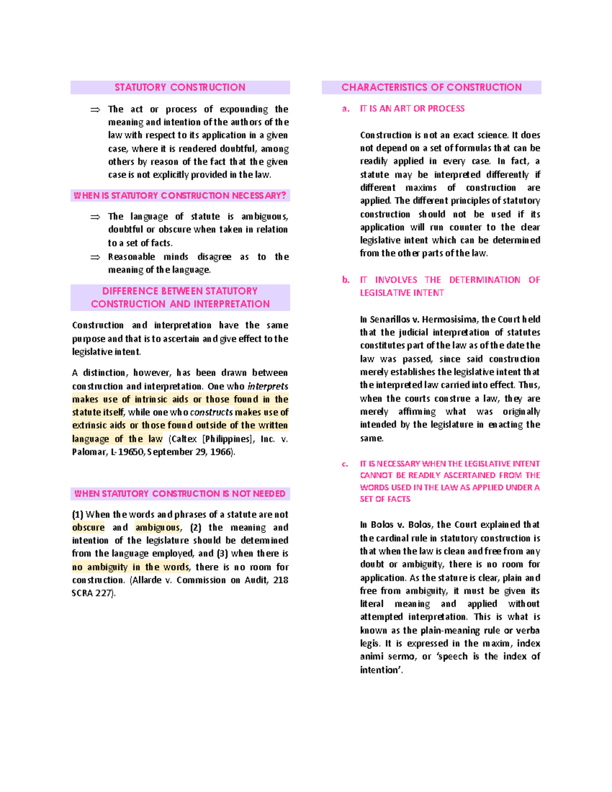 Stat Con Notes based on Syllabus - STATUTORY CONSTRUCTION Þ The act or ...