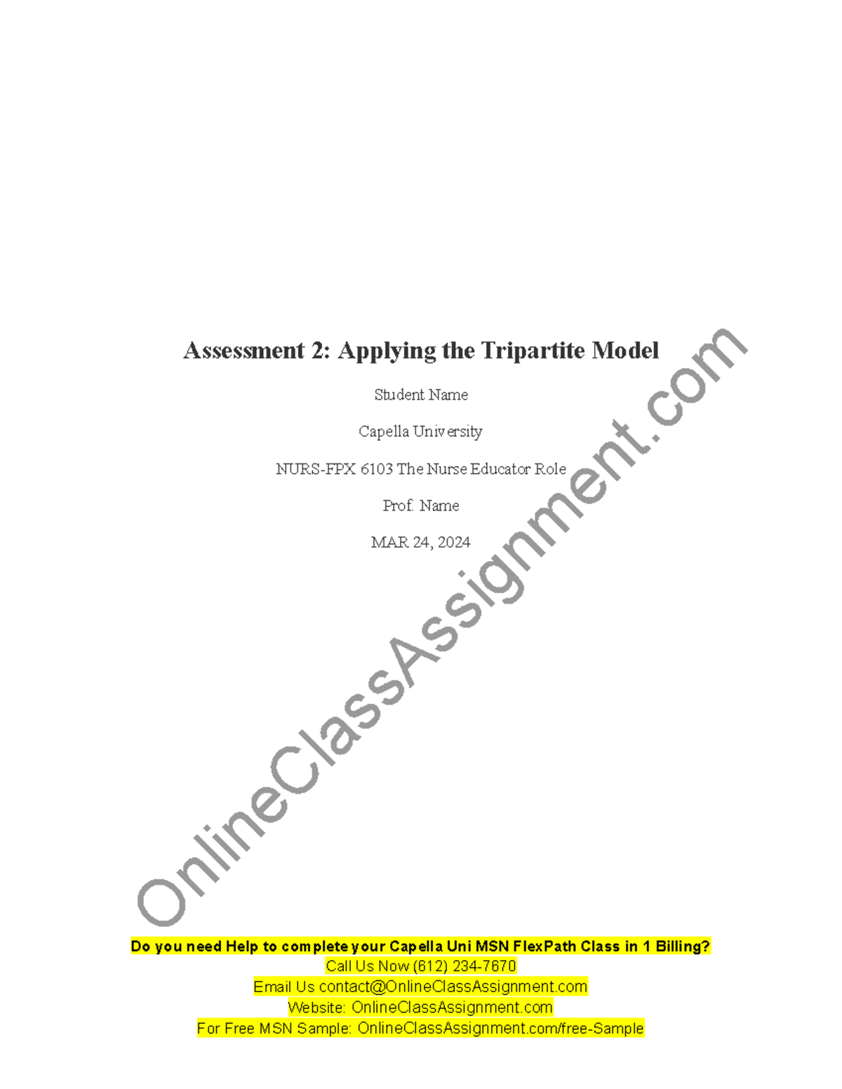 NURS FPX 6103 Assessment 2 Applying the Tripartite Model - Assessment 2 ...