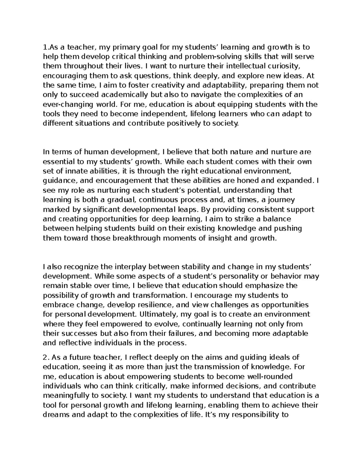 Sample Answer Cognitive Development - 1 a teacher, my primary goal for ...