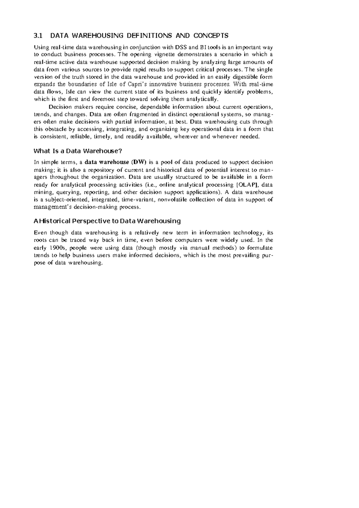BI Module 3 - Data Warehousing - 3 DATA WAREHOUSING DEFINITIONS AND CONCEPTS Using real-time ...