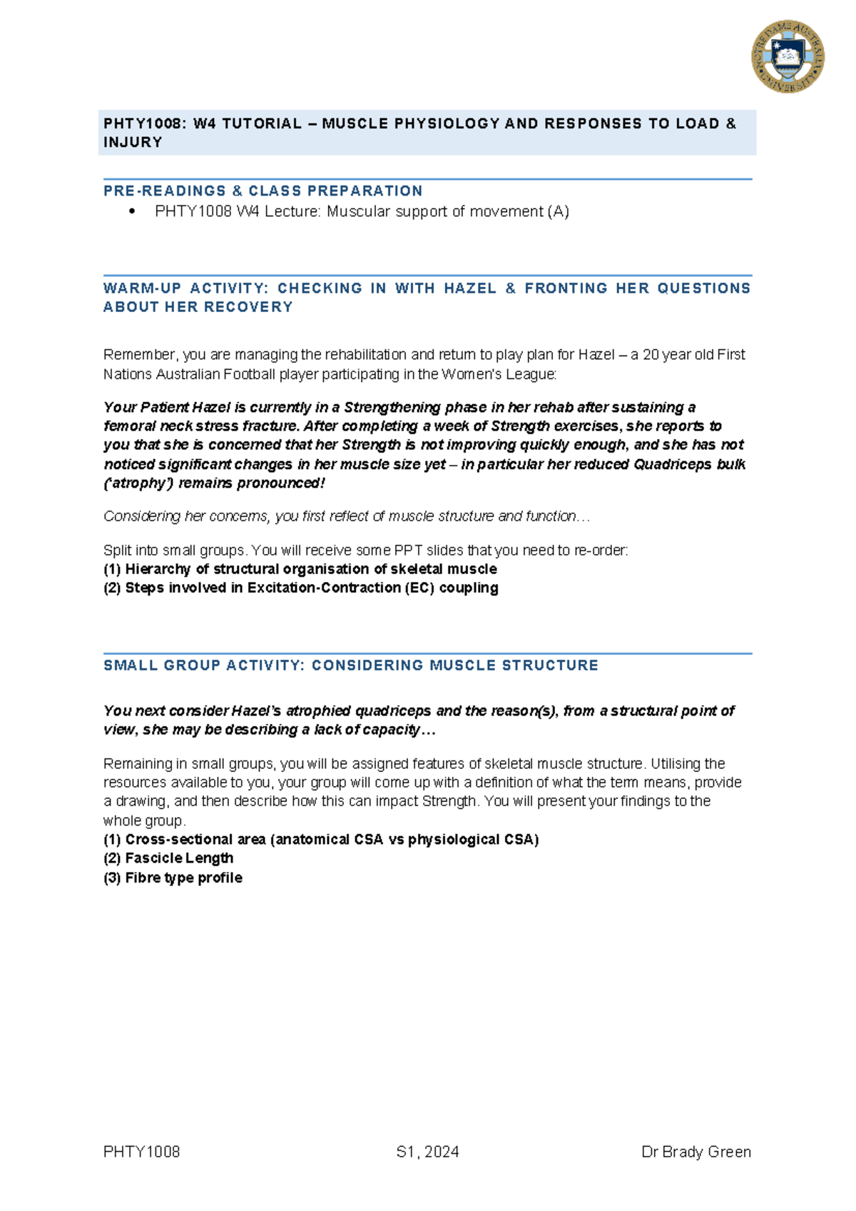 W4 Tut Worksheet Student 2024 - PHTY1008: W4 TUTORIAL – MUSCLE ...