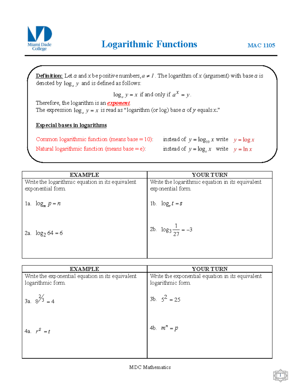 MAC1105Logarithmic Functions Final Draft Sec - MDC Mathematics ...