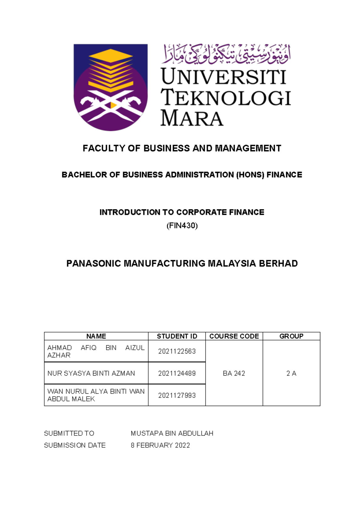 Group Assignment - FACULTY OF BUSINESS AND MANAGEMENT BACHELOR OF BUSINESS ADMINISTRATION (HONS ...