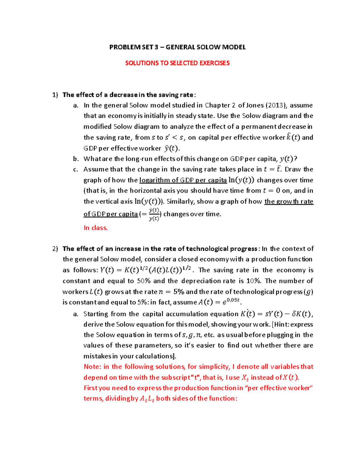 Problem Set 3 Solutions - PROBLEM SET 3 – GENERAL SOLOW MODEL SOLUTIONS ...