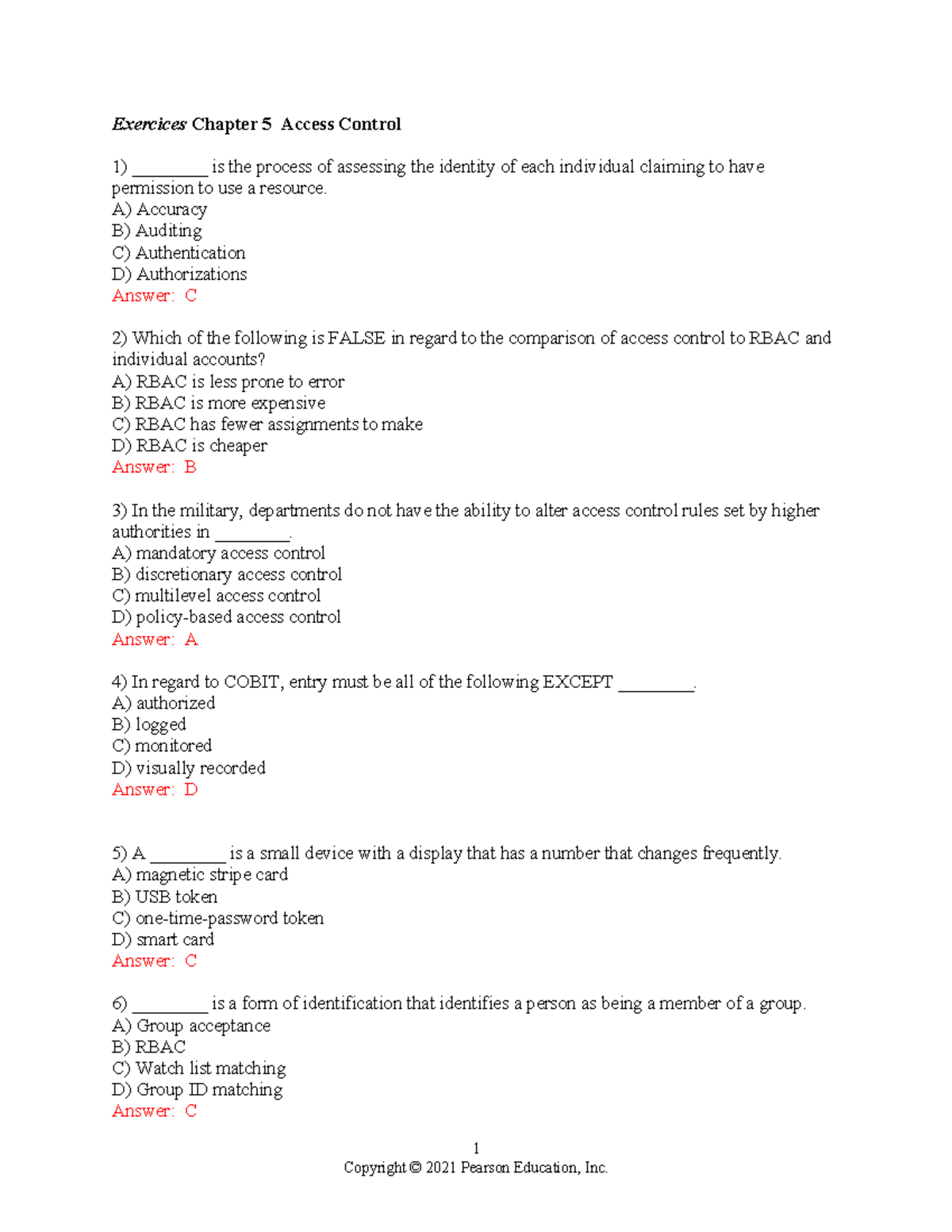 Exercice chapitre 5 solution - Exercices Chapter 5 Access Control 1 ...