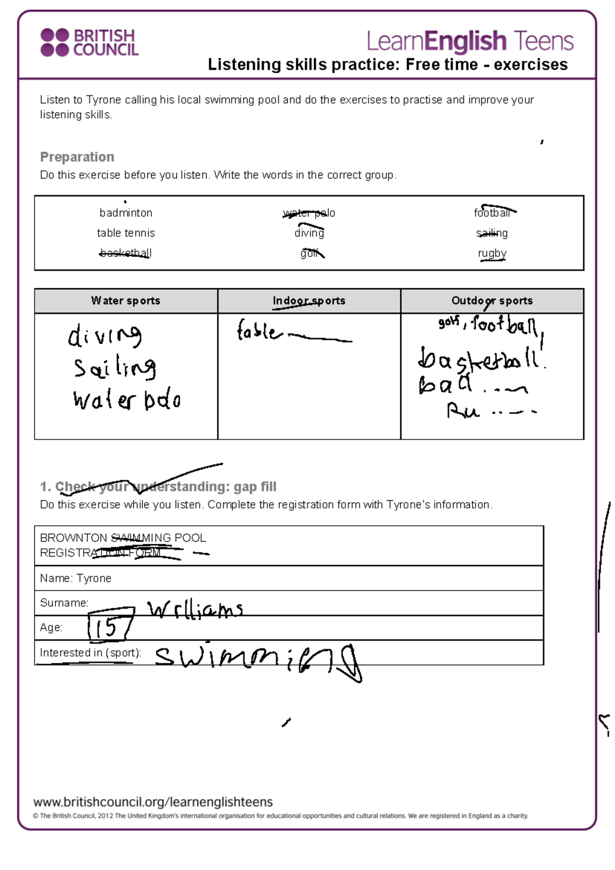 Free time - exercises 3 - Practice - Listen to Tyrone calling his local ...
