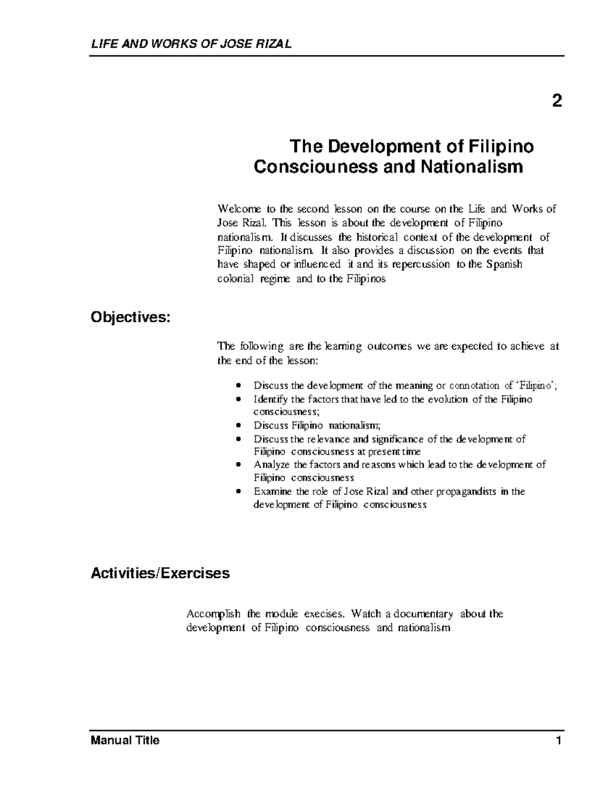 W2 Lesson 2 Development of Filipino Nationalism - Module - LIFE AND ...