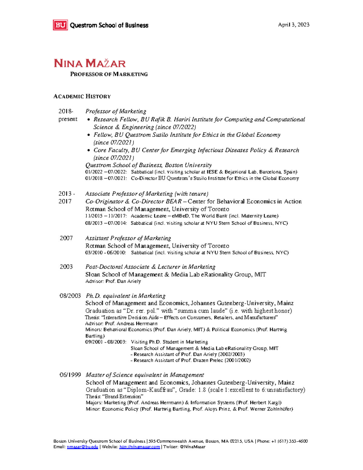 MK Mazar Nina CV 2023-04-03 - April 3 , 202 3 Boston University Questrom School of Business ...