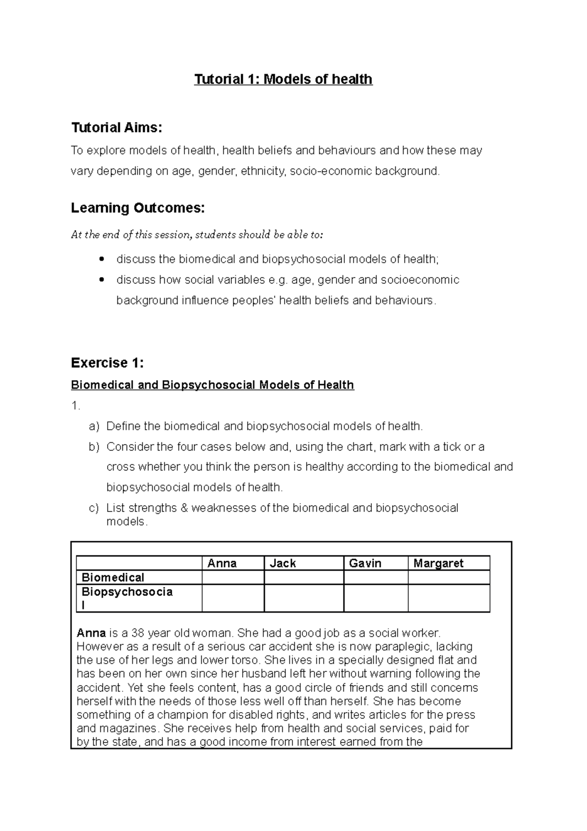 Models of Health Tutorial 1 - Tutorial 1: Models of health Tutorial ...