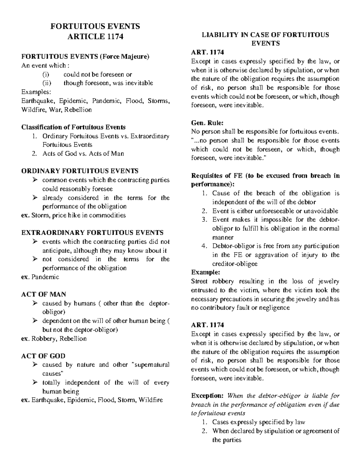 ARTICLE 1174 - FORTUITOUS EVENTS (Force Majeure) - FORTUITOUS EVENTS ...