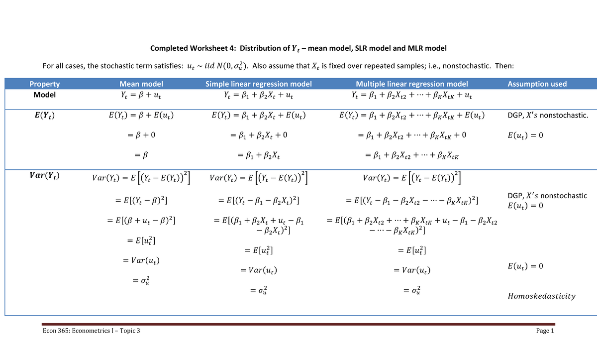 Completed Worksheet 4 - Also assume that 푋 푡 is fixed over repeated ...