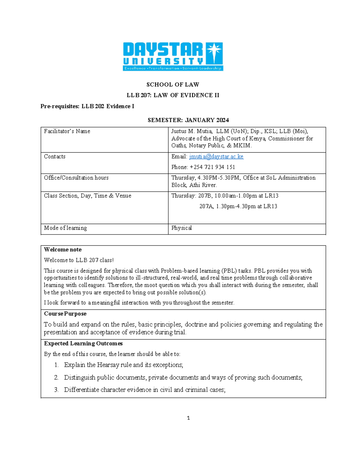 LLB 207 Course Outline Sem January 2024 by JMM - SCHOOL OF LAW LLB 207 ...