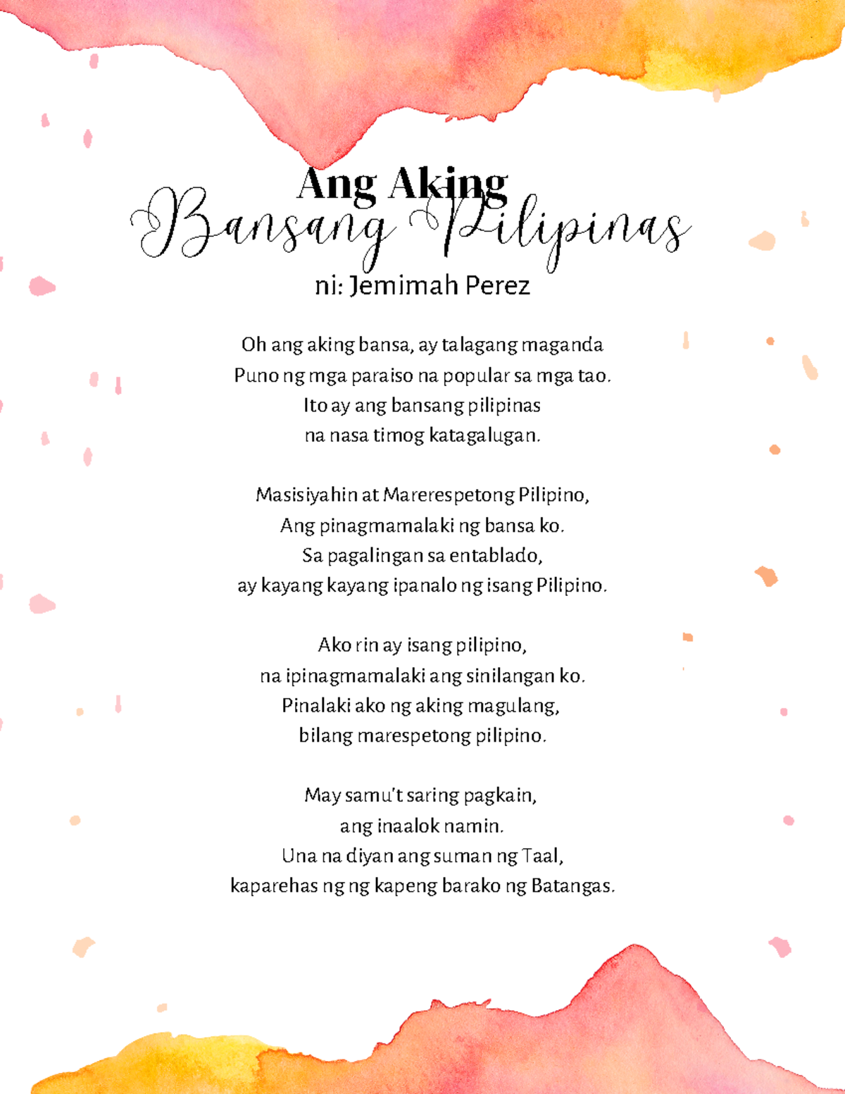 Tula Faith - NOTES - Bansang Pilipinas Ang Aking ni: Jemimah Perez Oh ...