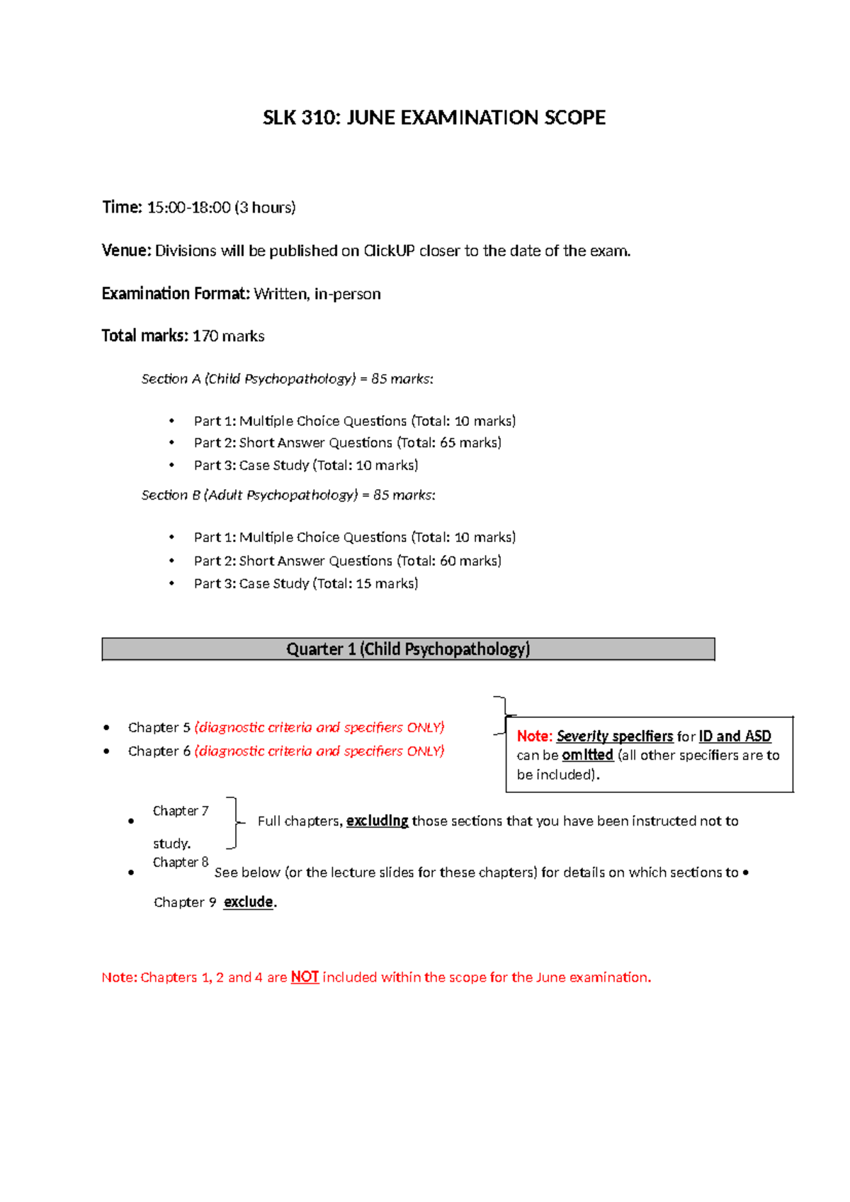 SLK 310 June exam scope - SLK 310: JUNE EXAMINATION SCOPE Time: 15:00 ...