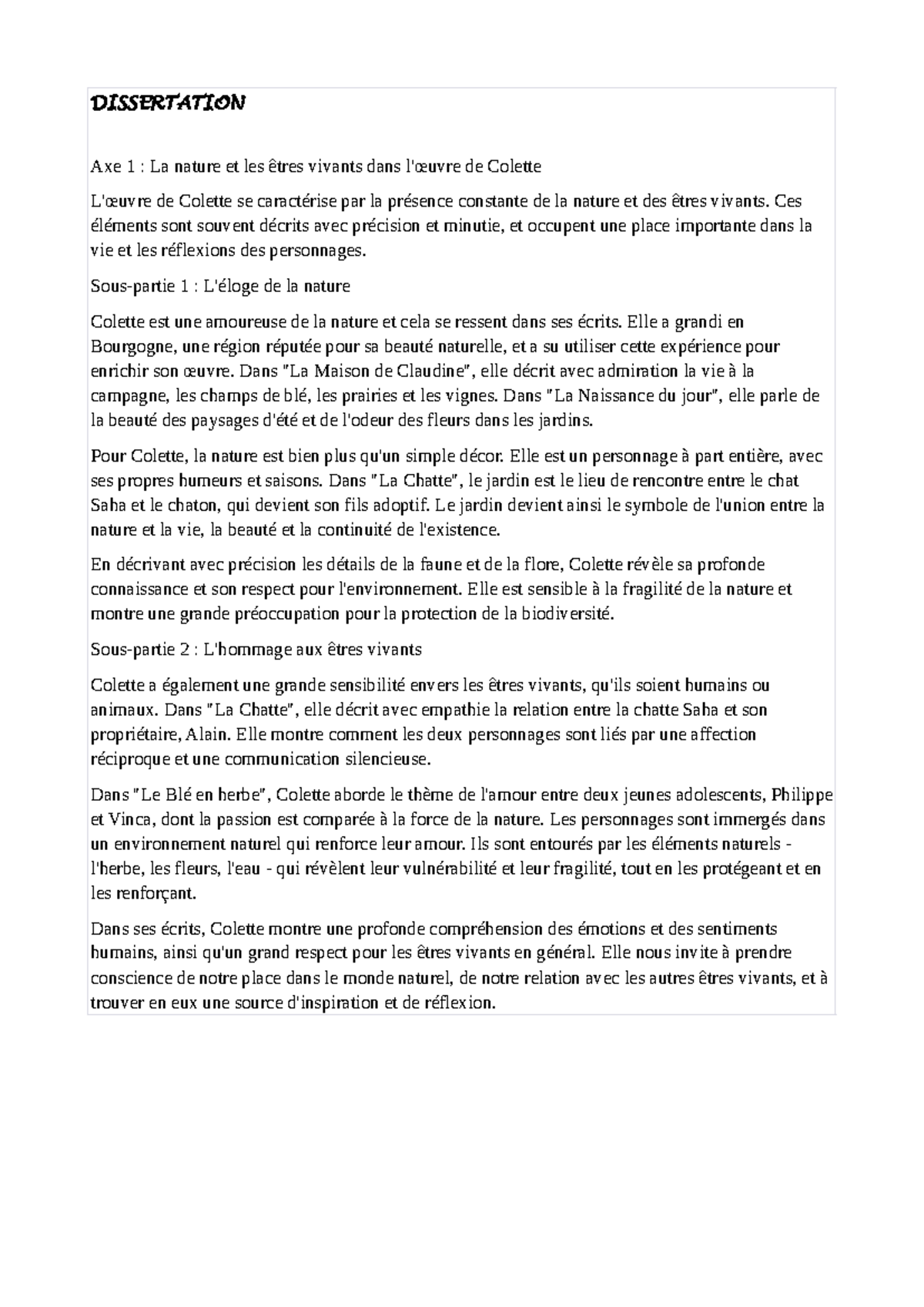 Dissert Colette Francais - DISSERTATION Axe 1 : La nature et les êtres vivants dans l'œuvre de ...
