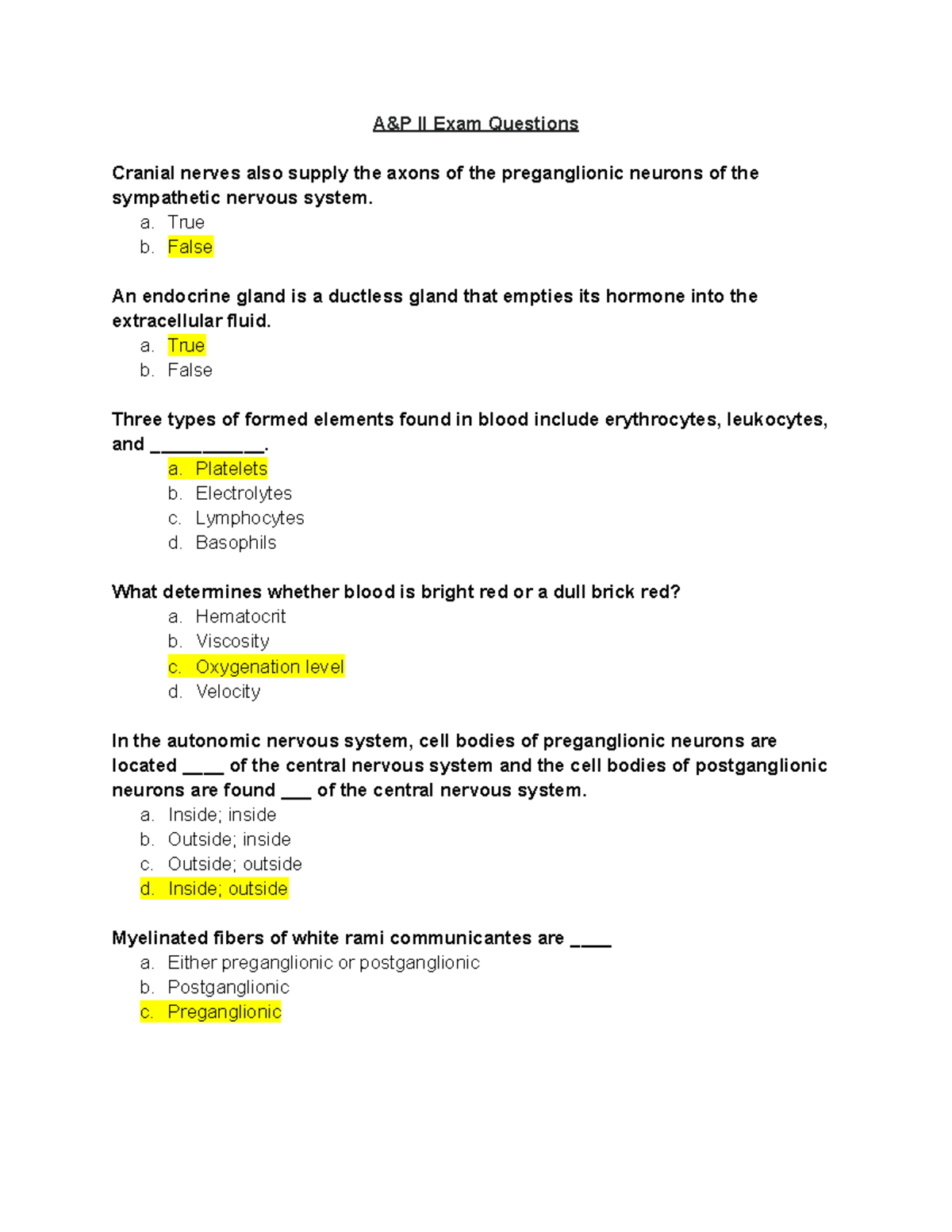 A&P II Exam Questions - ..... - A&P II Exam Questions Cranial nerves ...