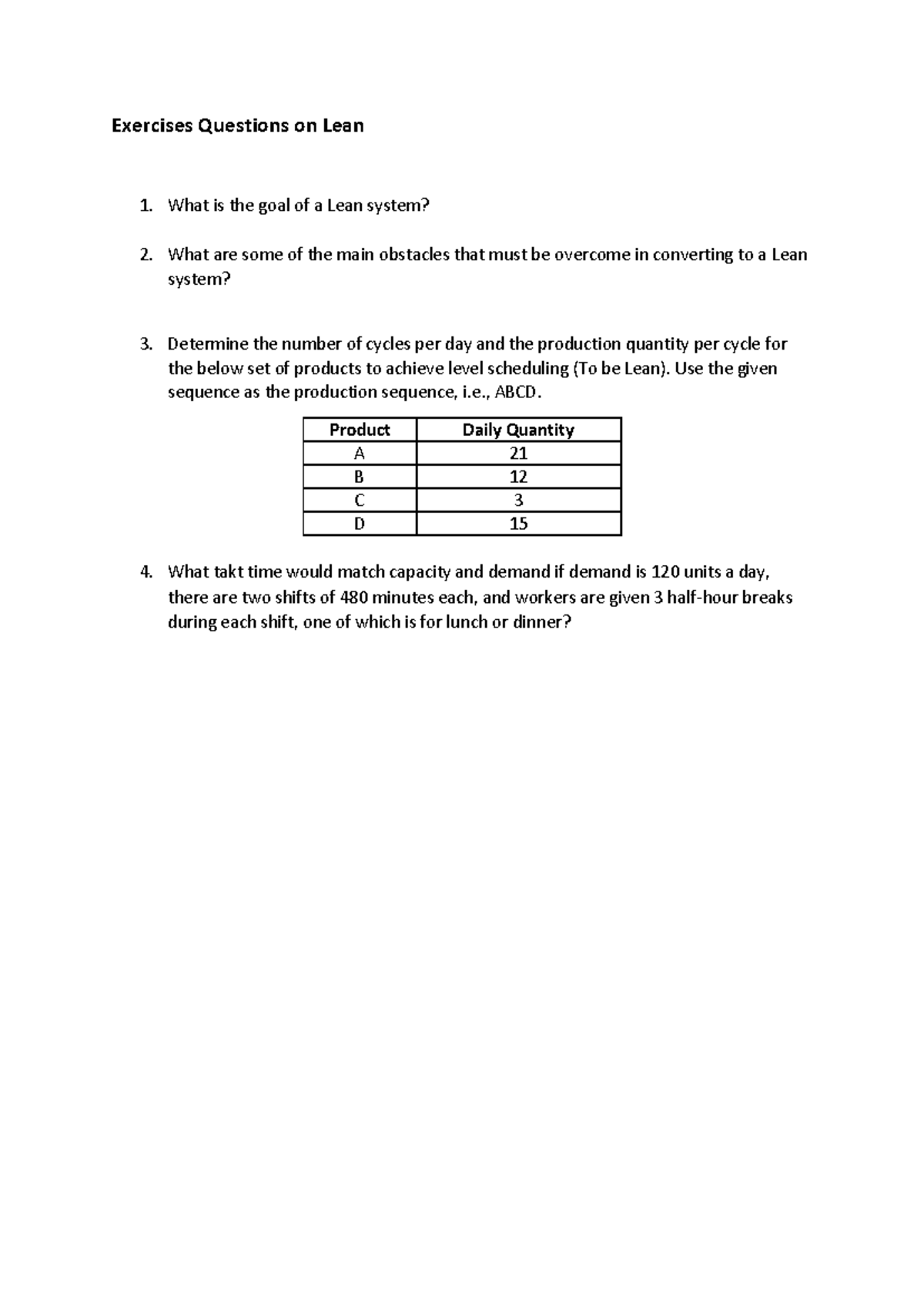 Exercise Questions on Lean - Exercises Questions on Lean What is the ...
