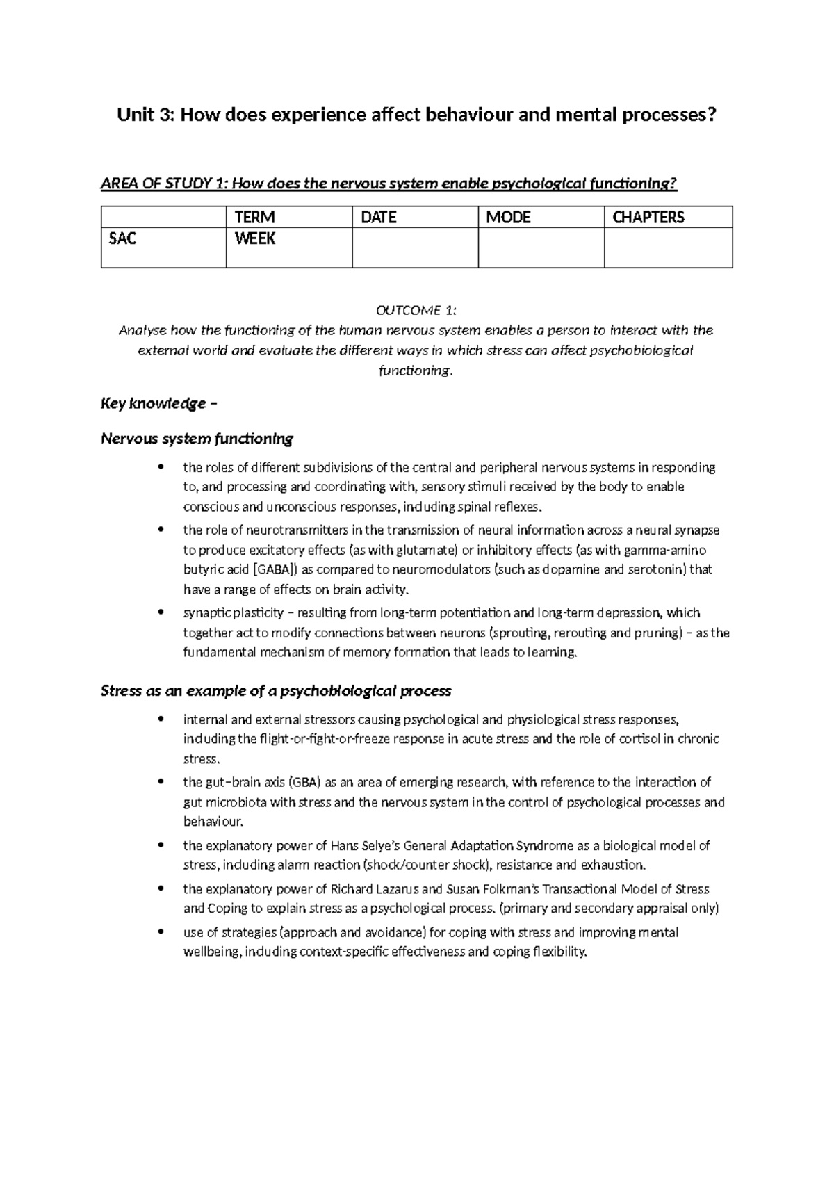 Psychology 3&4 SAC checklists Final copy - Unit 3: How does experience ...