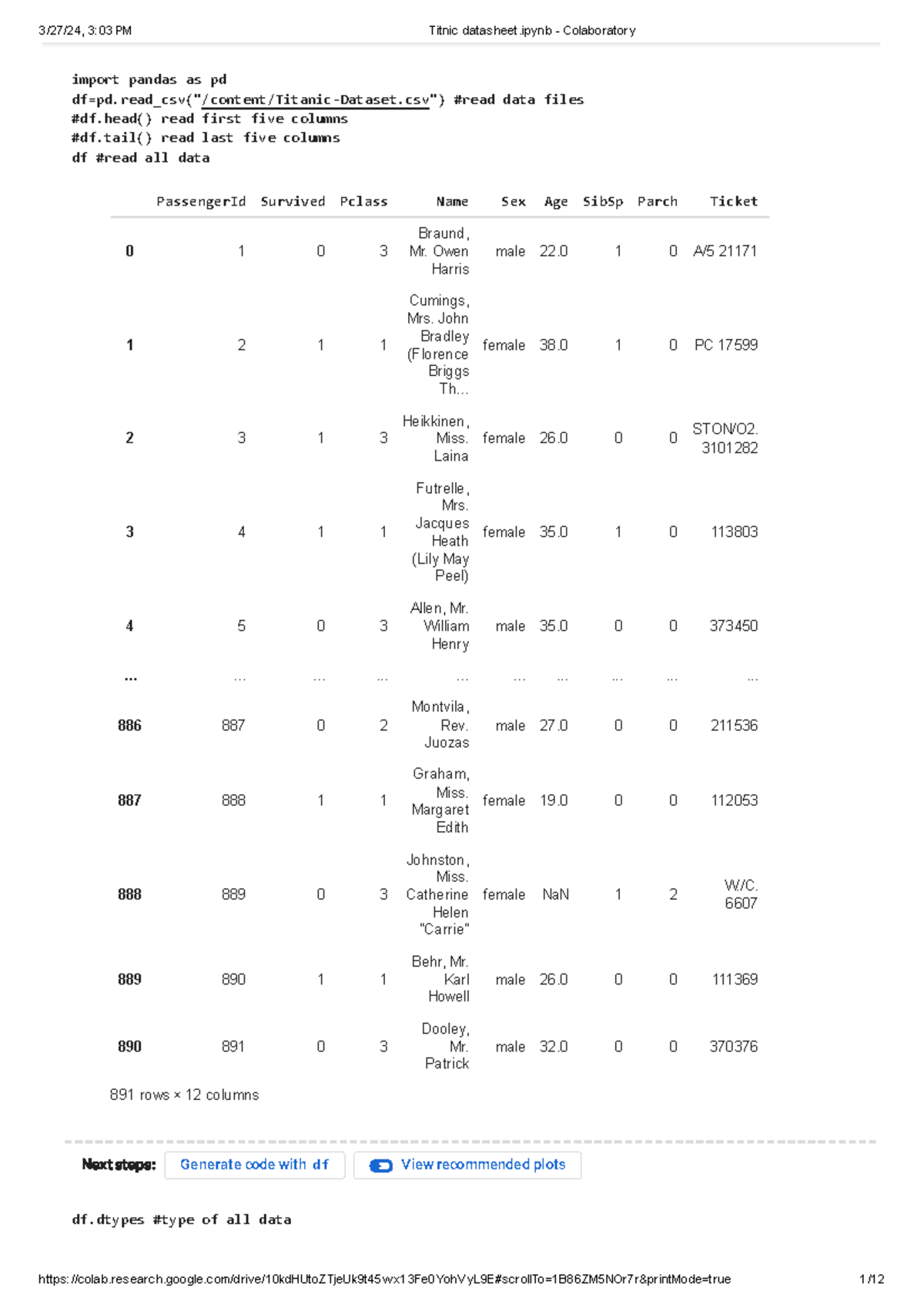 Titnic datasheet.ipynb - Colaboratory - Next steps: PassengerId Survived Pclass Name Sex Age ...