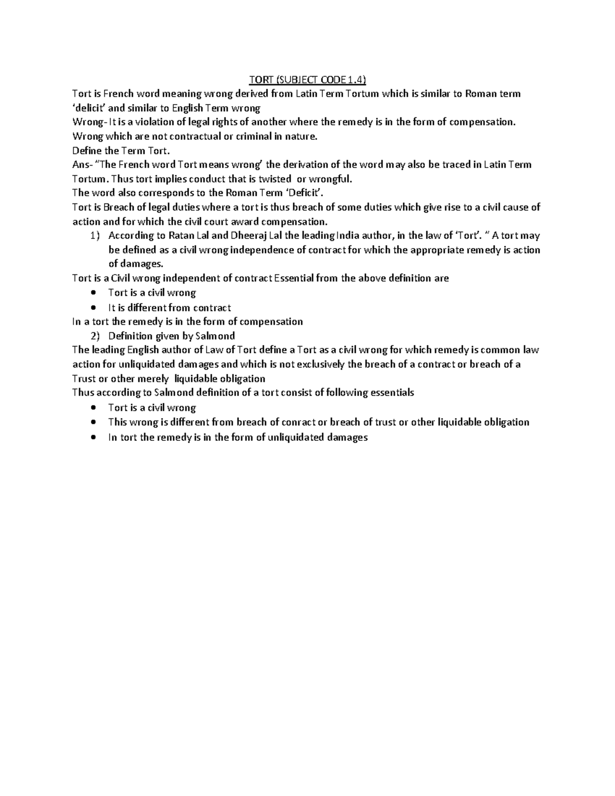 INTRODUCTION TO TORT - TORT (SUBJECT CODE 1) Tort is French word ...