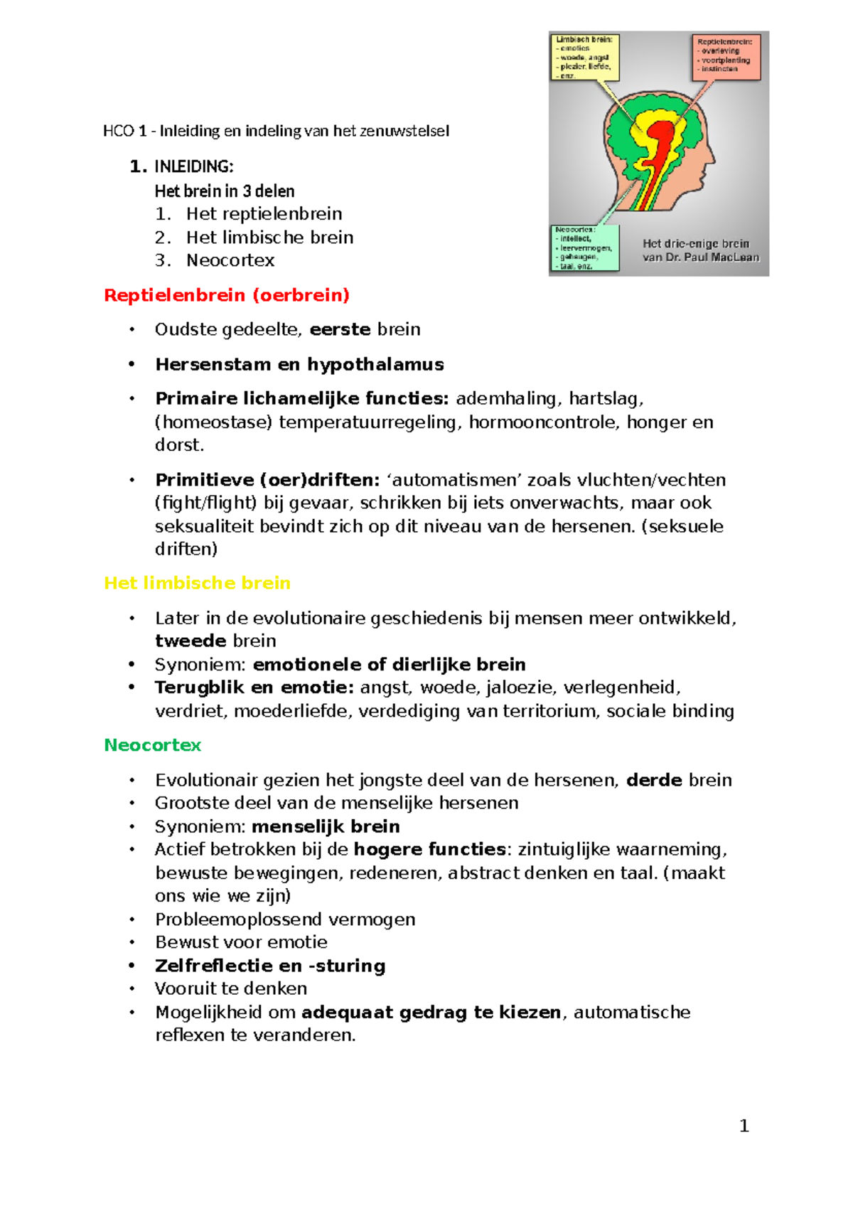 HCO 1 - inleiding en indeling van het zenuwstelsel - INLEIDING: Het ...