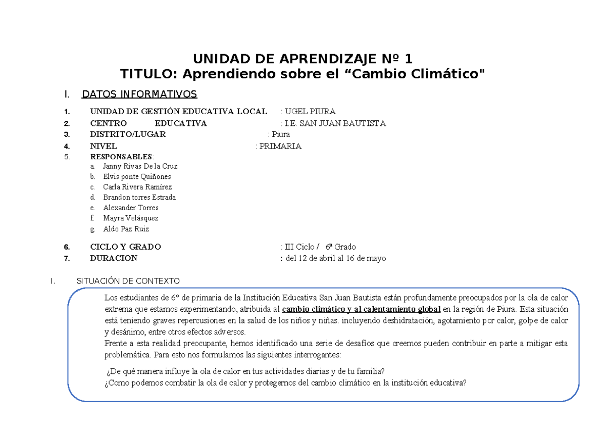 Unidad - 6° prim (1) Personal Social - UNIDAD DE APRENDIZAJE Nº 1 ...
