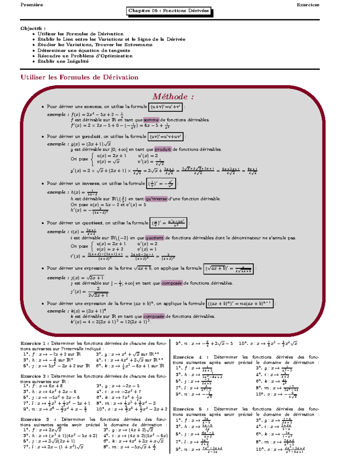 Exercices - Cela va bcp vous aider. - Première Exercices Chapitre 05 : Fonctions Dérivées ...