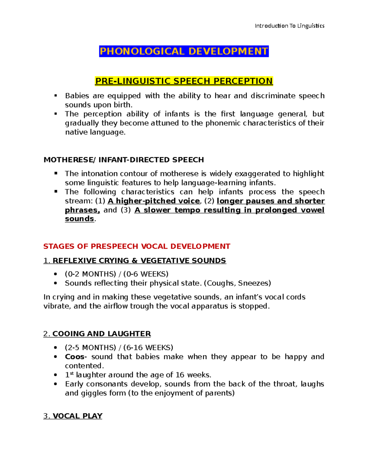 Introduction to Linguistic Phonological Development Prelinguistic Speech Perception ...