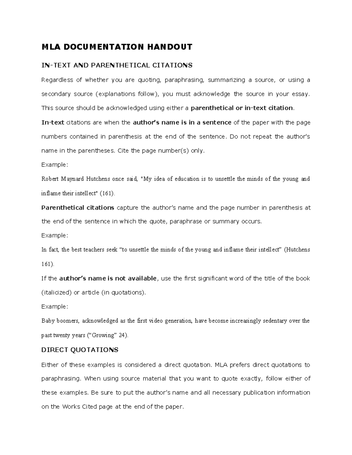 Documentation handouts - MLA DOCUMENTATION HANDOUT IN-TEXT AND ...