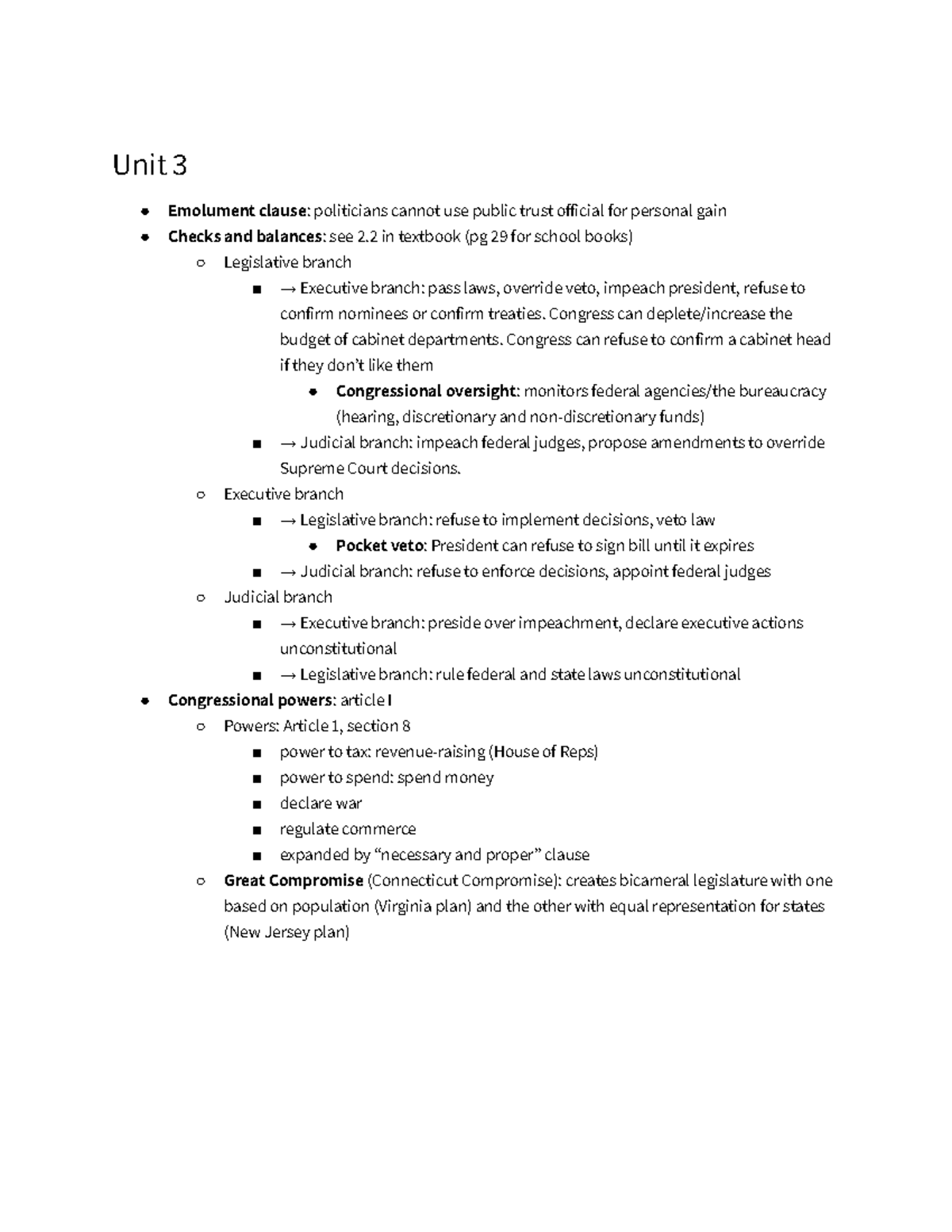 US Gov Notes Unit 3 (1 of 5) - Unit 3 Emolument clause: politicians ...