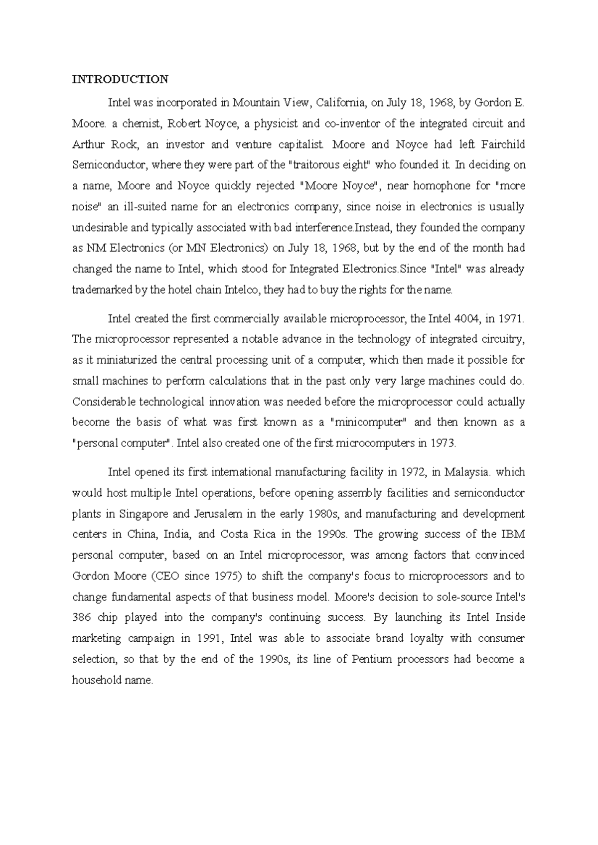 Intel - INTRODUCTION Intel was incorporated in Mountain View ...