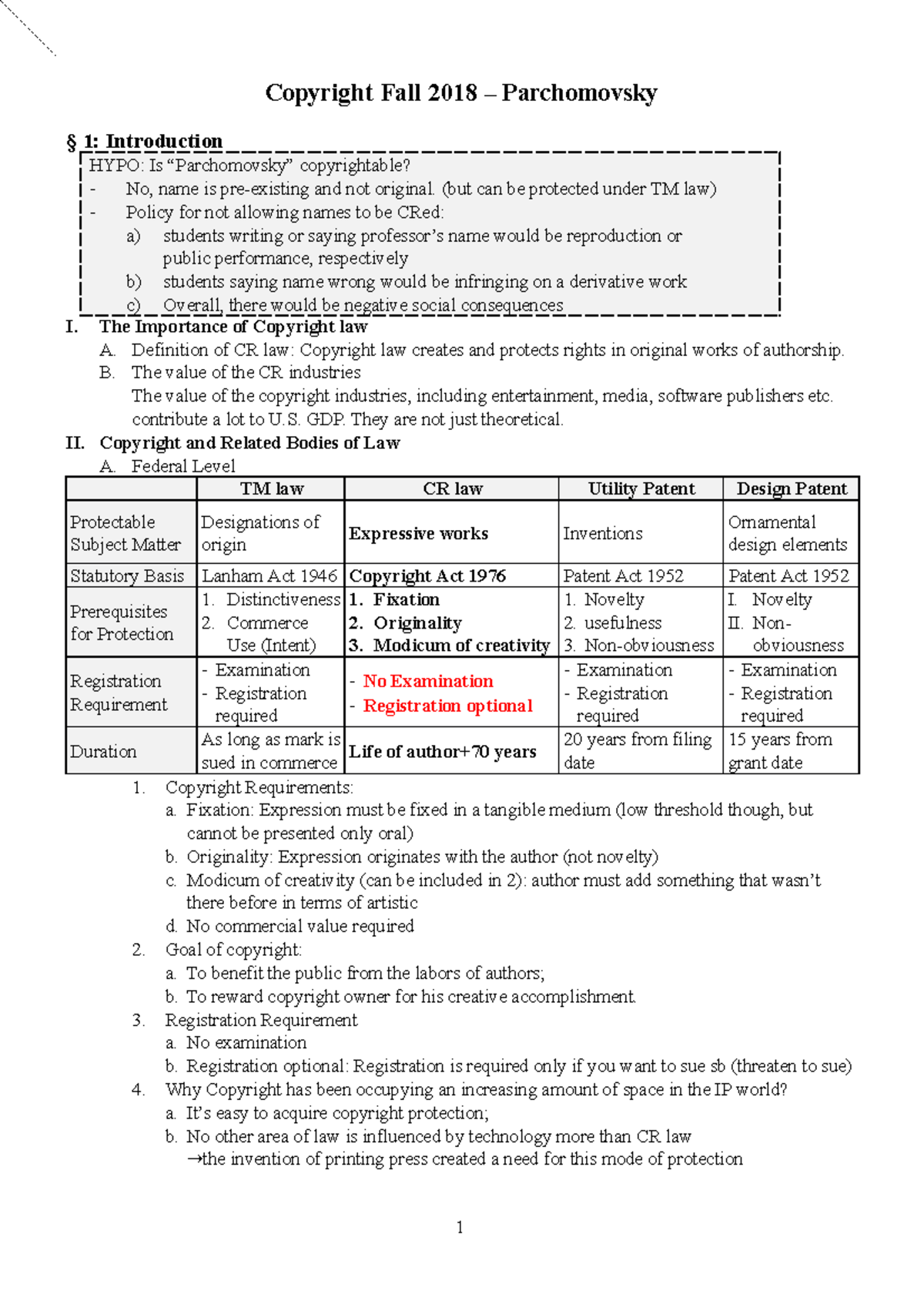 Copyright Outline - Parchomovsky - 1 § 1: Introduction Copyright Fall ...