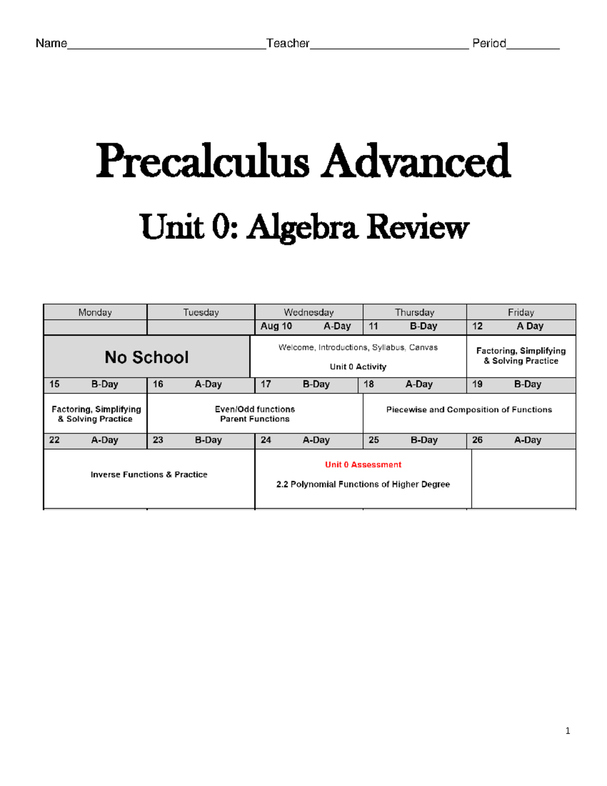 Algebra Review Packet-1 - Name______________________________Teacher