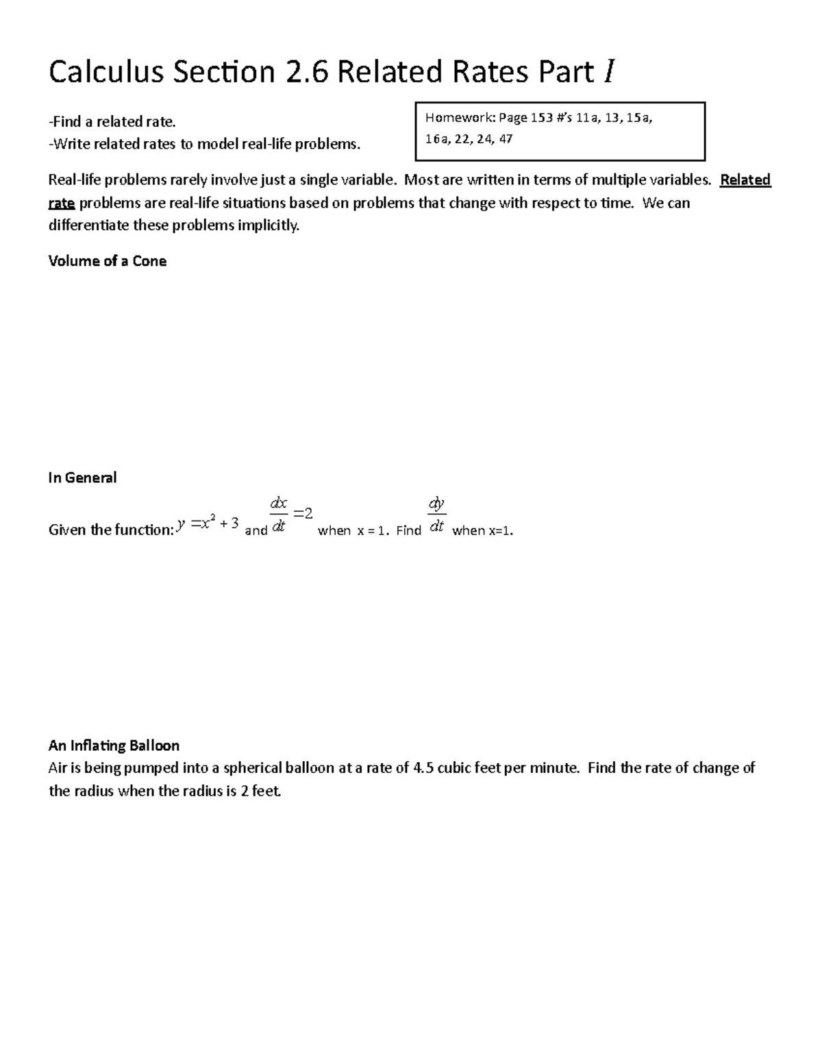 2 - Related rates day - Calculus Section 2 Related Rates Part I -Find a ...