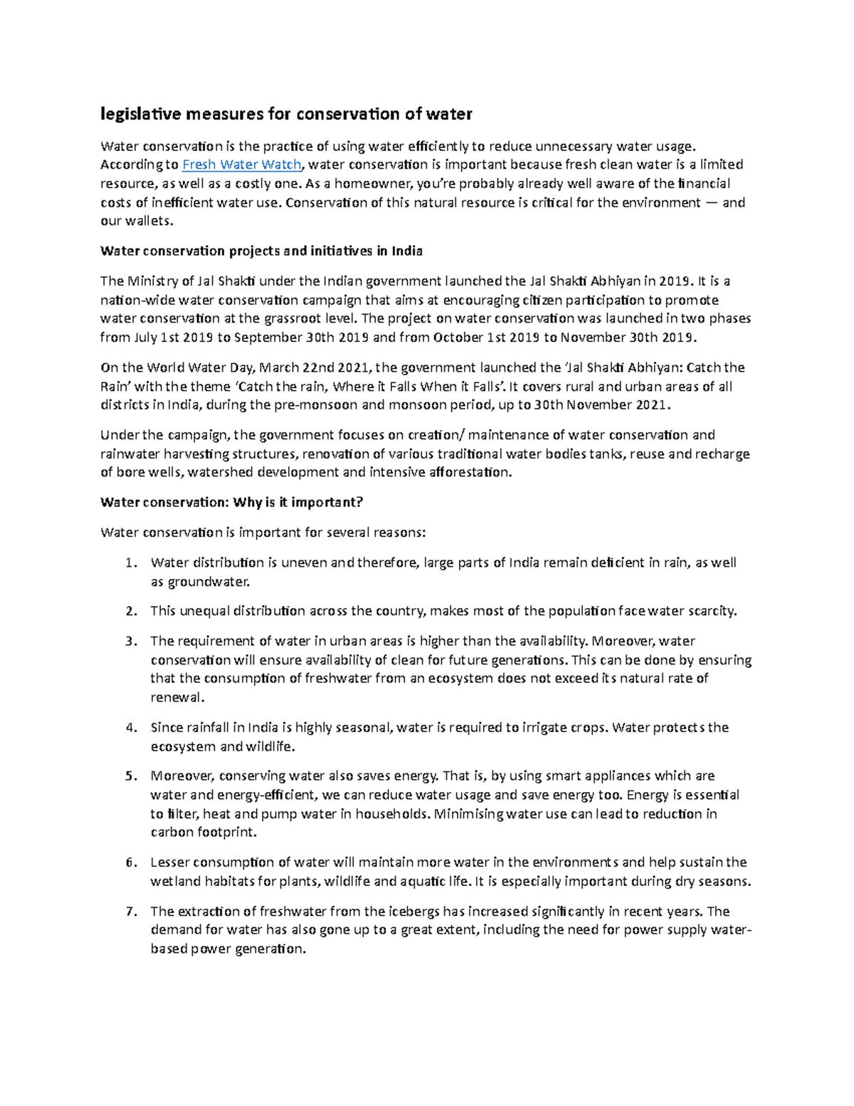 Legislative measures for conservation of water - According to Fresh ...