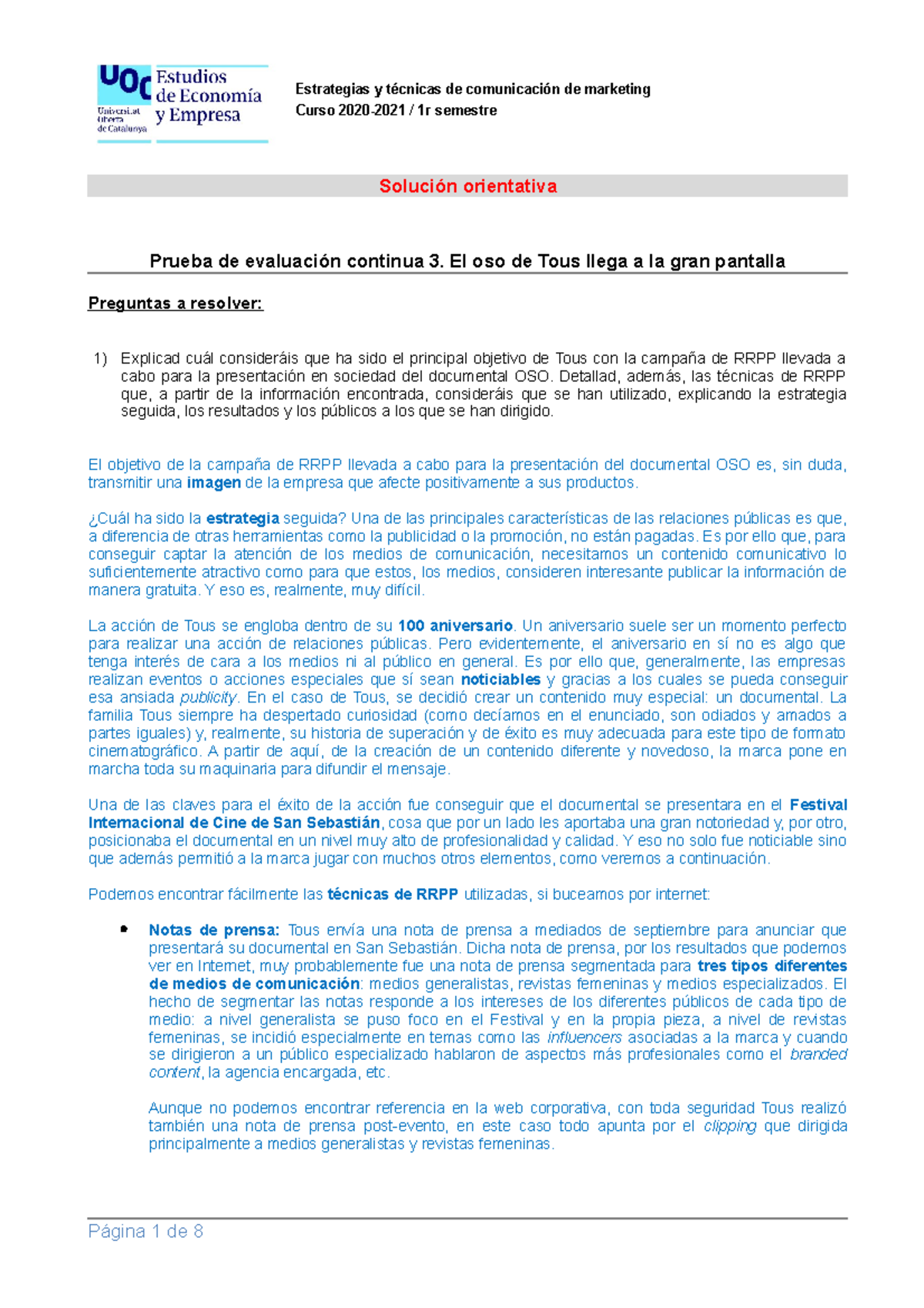 Estrategias y técnicas de comunicación y MK Sol PEC 3 - Estrategias y técnicas de comunicación ...