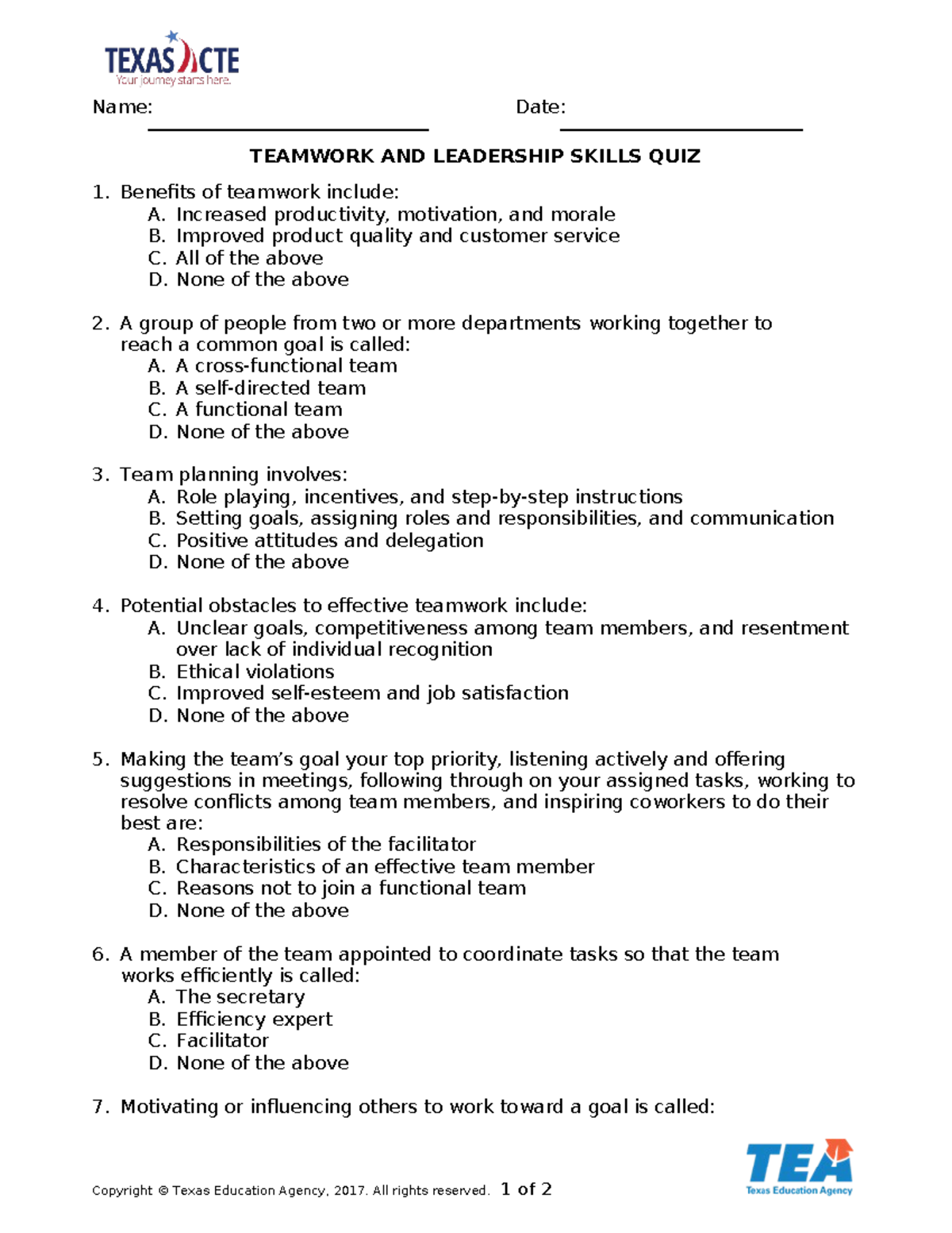 Teamwork and Leadership Skills Quiz - Name: Date: TEAMWORK AND ...