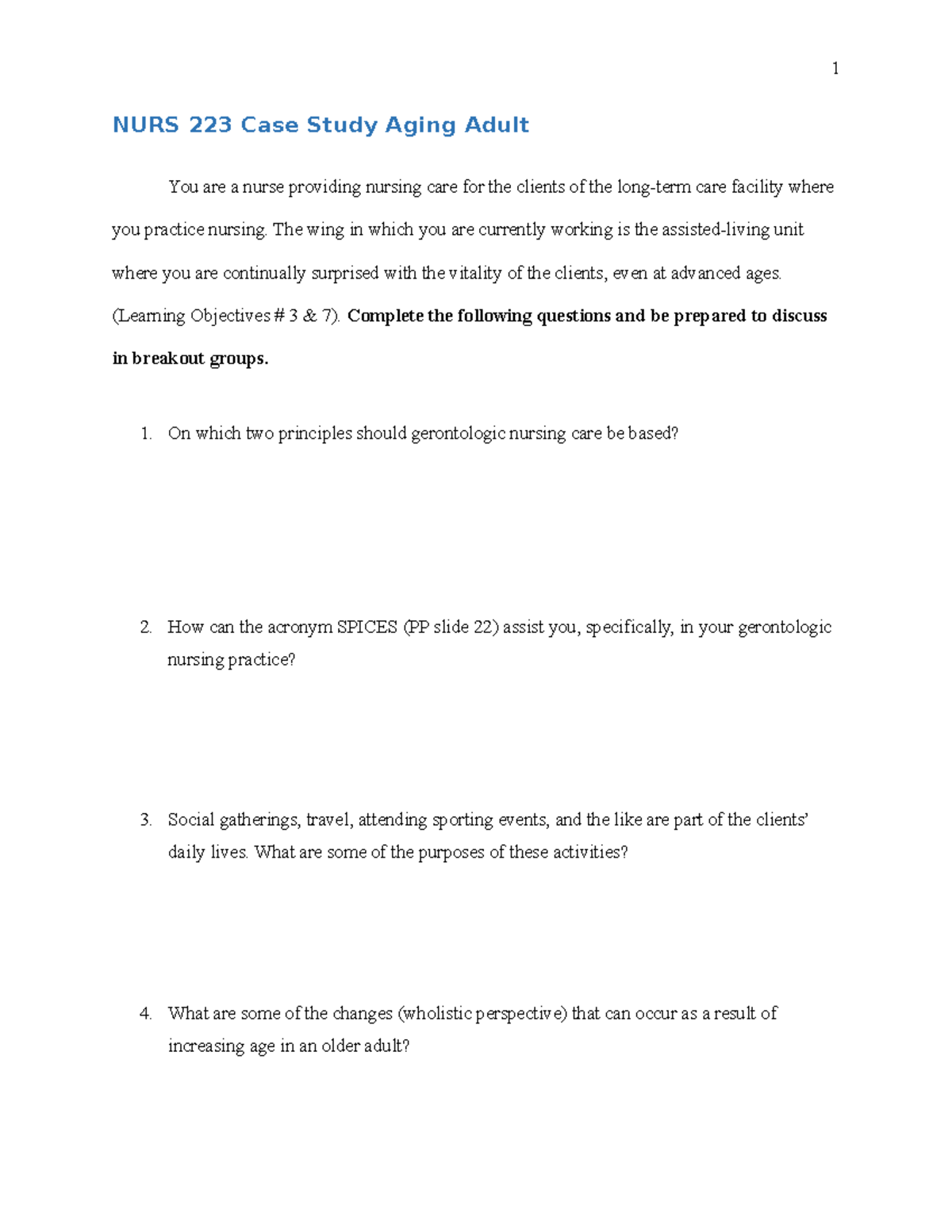 Case Study Aging Adult - Practice materials - 1 NURS 223 Case Study ...