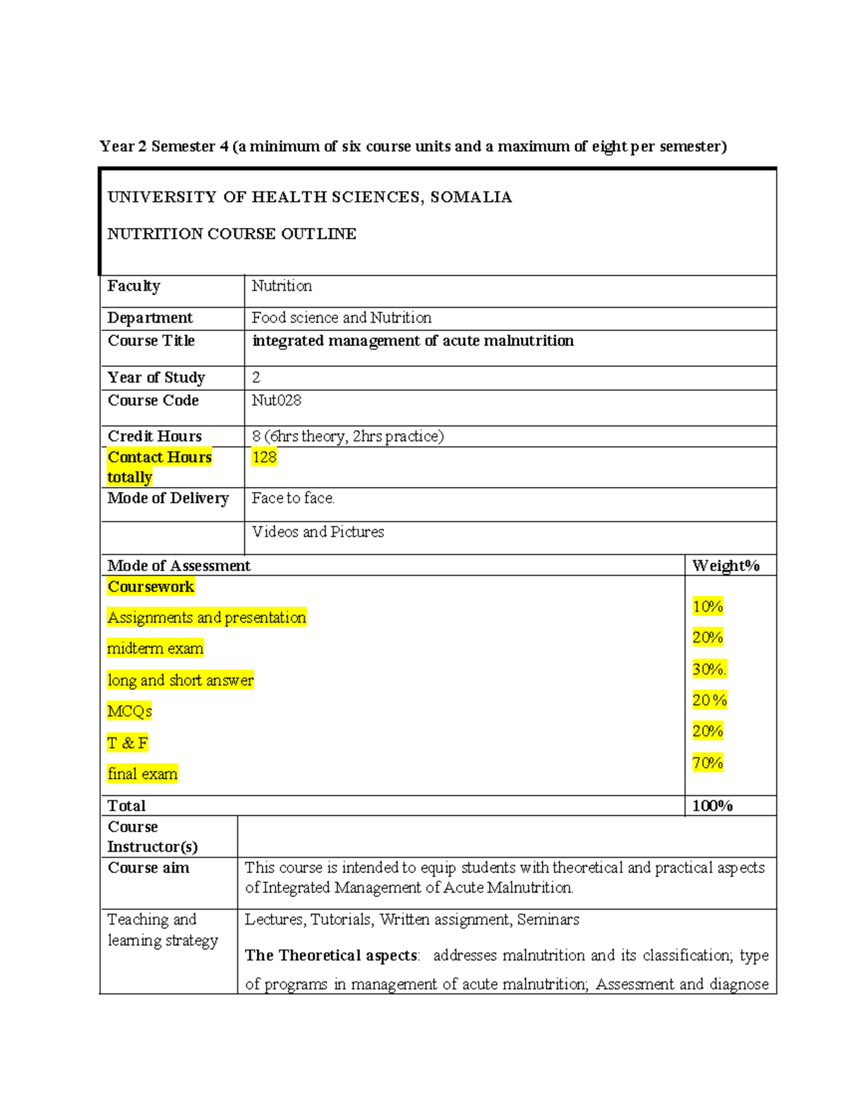 Updated Course Outline - Year 2 Semester 4 (a minimum of six course ...