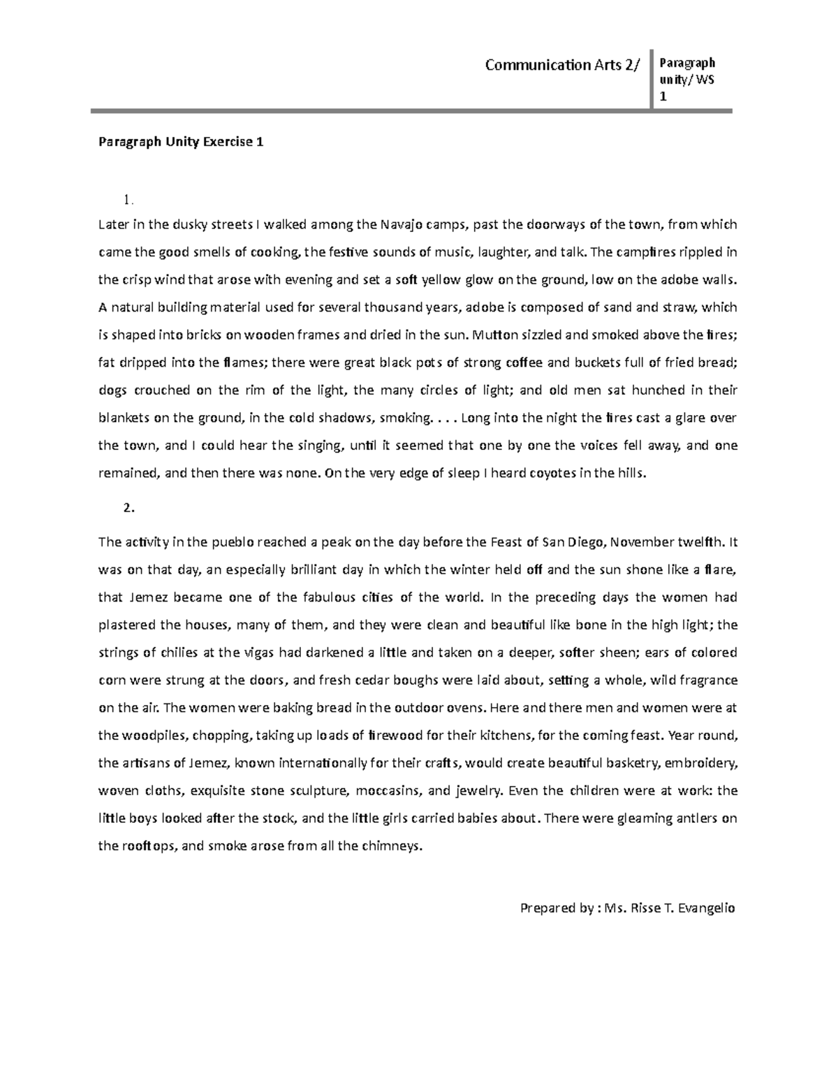 Paragraph unity WS1 - short - Communication Arts 2/ Paragraph unity/ WS ...
