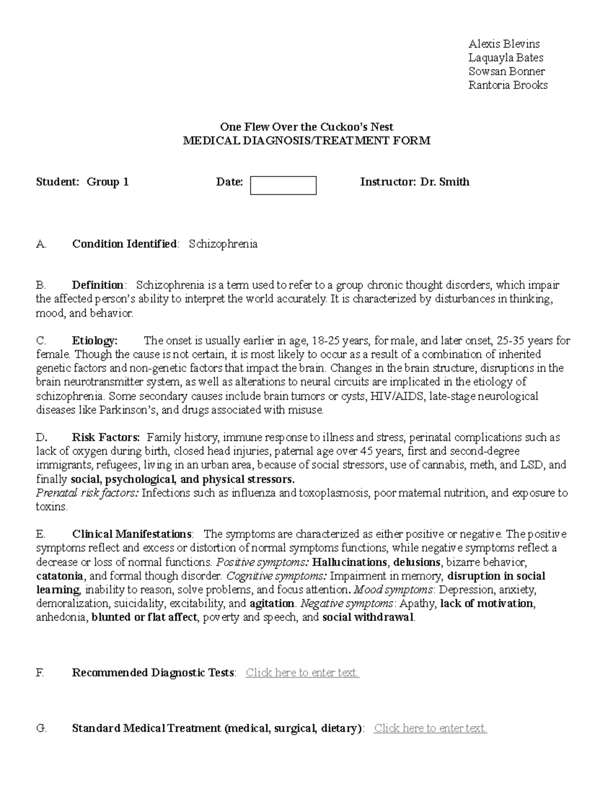 Schizophrenia write up - Alexis Blevins Laquayla Bates Sowsan Bonner ...