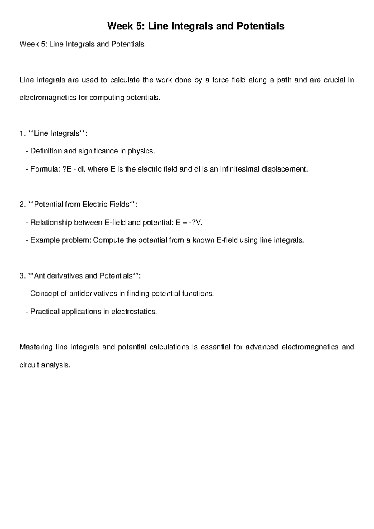 Week 5 - class notes - Week 5: Line Integrals and Potentials Week 5 ...